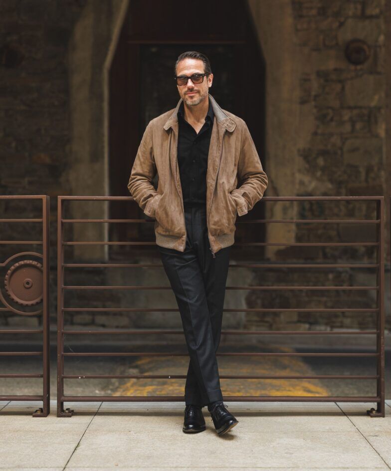 Tan Suede Bomber Jacket Sharp Casual Outfit Idea | He Spoke Style
